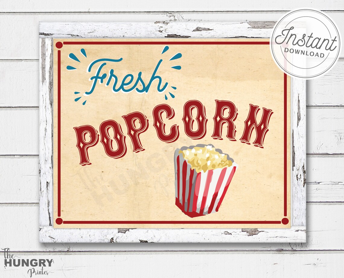 Popcorn Sign Printable, Popcorn Bar Sign, Fresh Popcorn Sign, Carnival ...