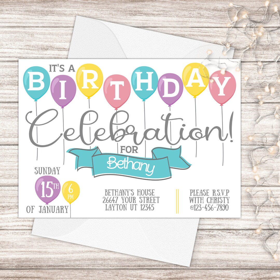 Ballon Birthday Invitation, Kids Birthday Invitation, Birthday ...