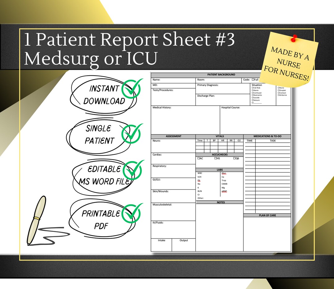 Single Patient Med-surg Report Sheet, Medical Surgical Nursing Brain ...