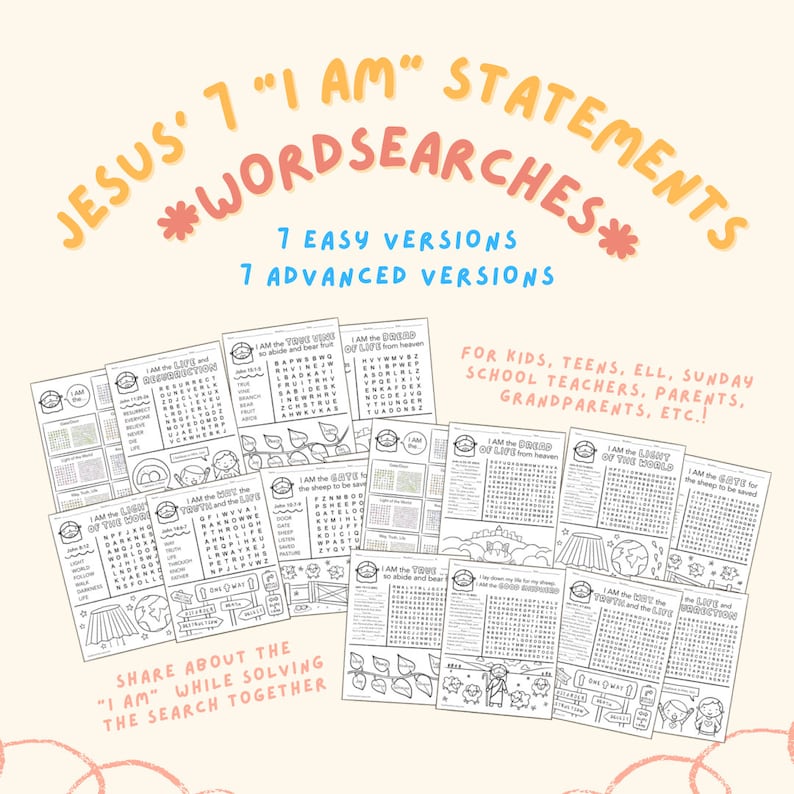 14 Pg Bundle I AM Easy/hard Wordsearches, 7 I AM Statements of Jesus ...
