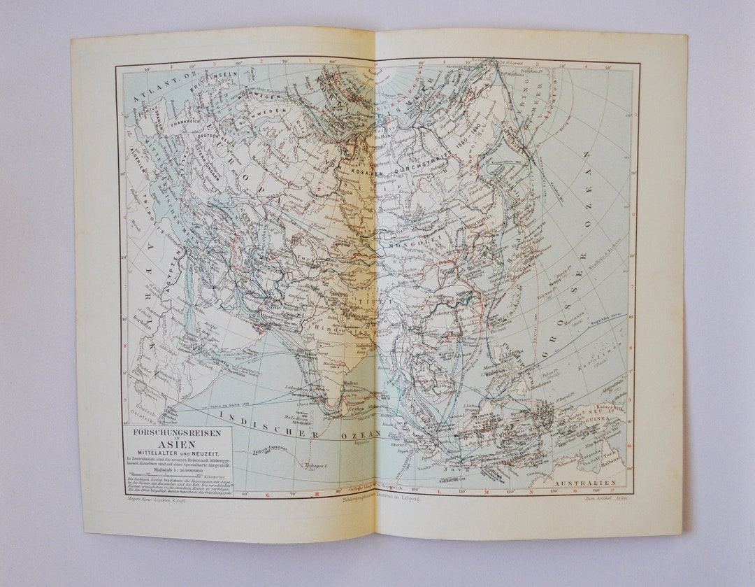 European Exploration of Asia - Original Antique Map From 1902 (country ...