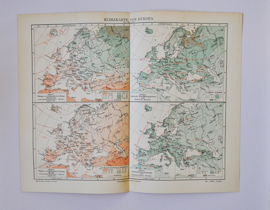 Europe Climates - Original Antique Map From 1902 (country, City ...