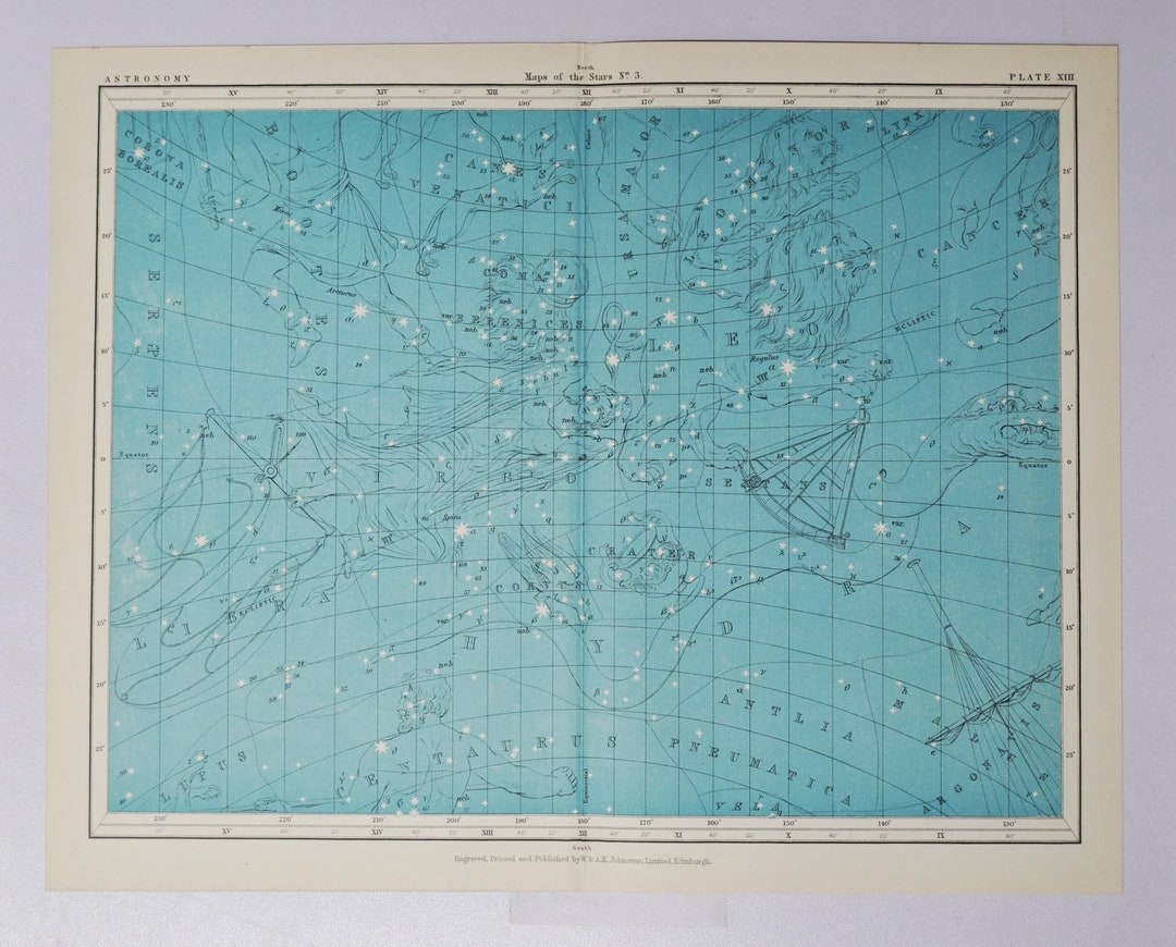 Map of the Stars North No. 3 - Original Antique Print 1922 (astronomy ...
