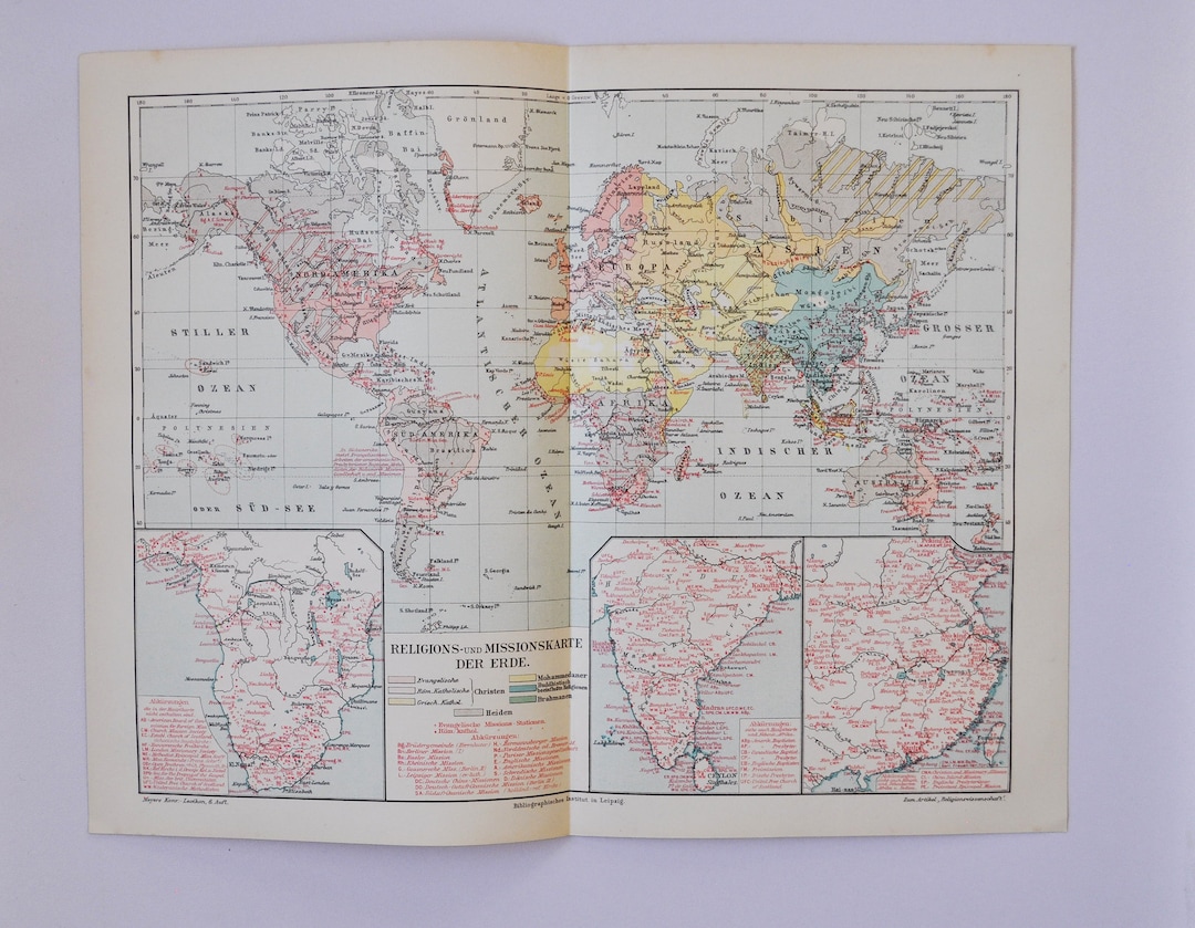 Missionary Map & Religions of the World - Original Antique Map From ...