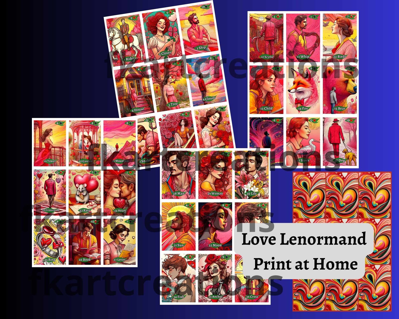 Instant Download Printable Cards,the Love Lenormand Deck,romantic Pink Coloured Vintage Cards ...