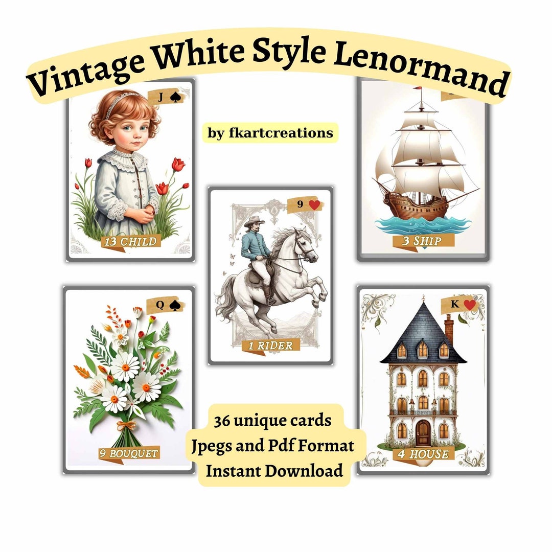 Instant Download Vintage White Lenormand Deck Printable 36 Card Set ...