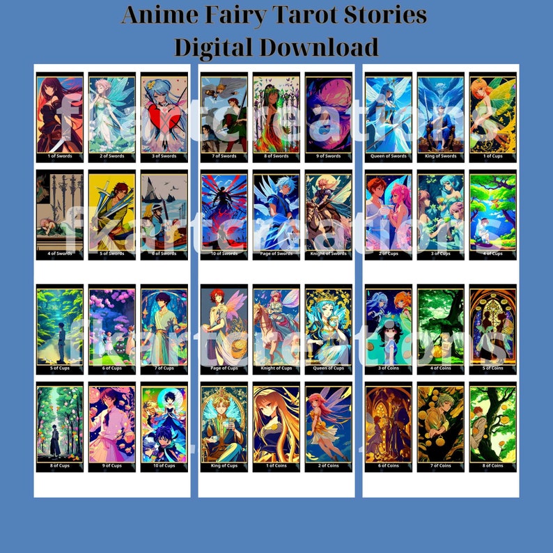 Anime Printable Tarot Deck: 78 Fantasy Fairy Cards With Box Template ...