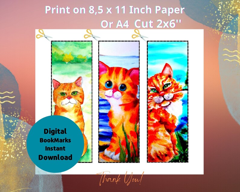 Ginger Cat Watercolor Bookmarks: Set of 6, Book Lover Gift (digital ...