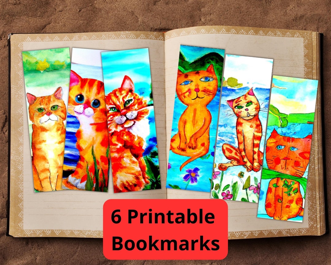 Ginger Cat Watercolor Bookmarks: Set of 6, Book Lover Gift (digital ...