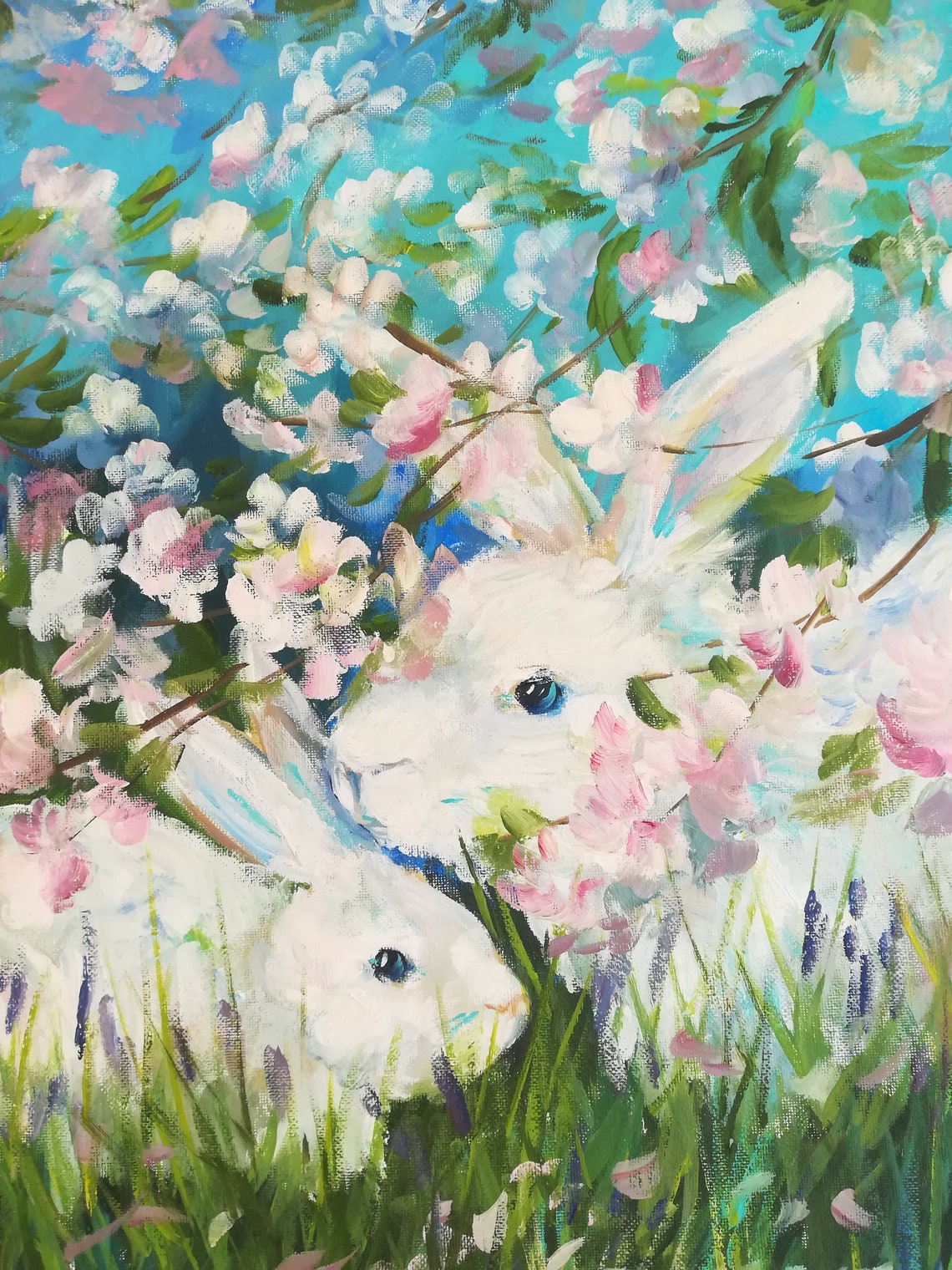 Rabbits Bunny family Bunny oil painting on canvas Bunny wall | Etsy