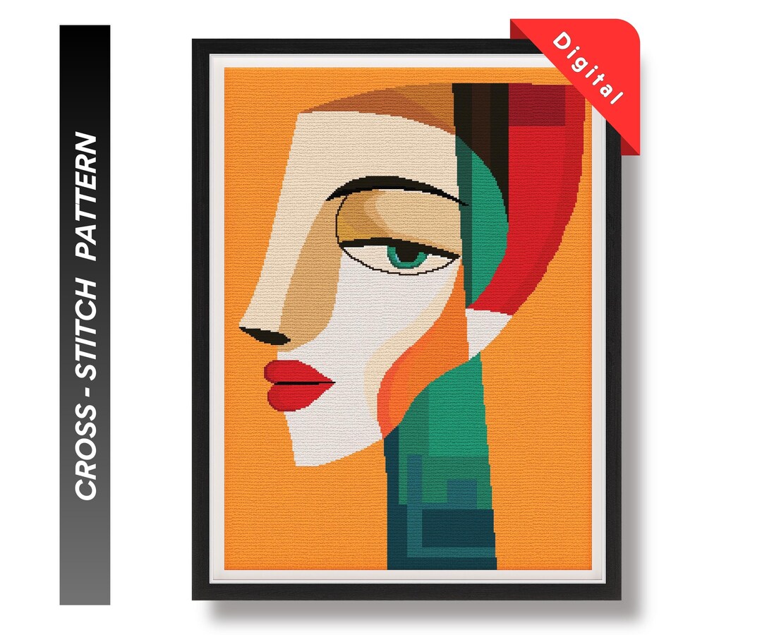 Modern Cross-stitch Pattern - Cubist Face Portrait | Vibrant Geometric ...