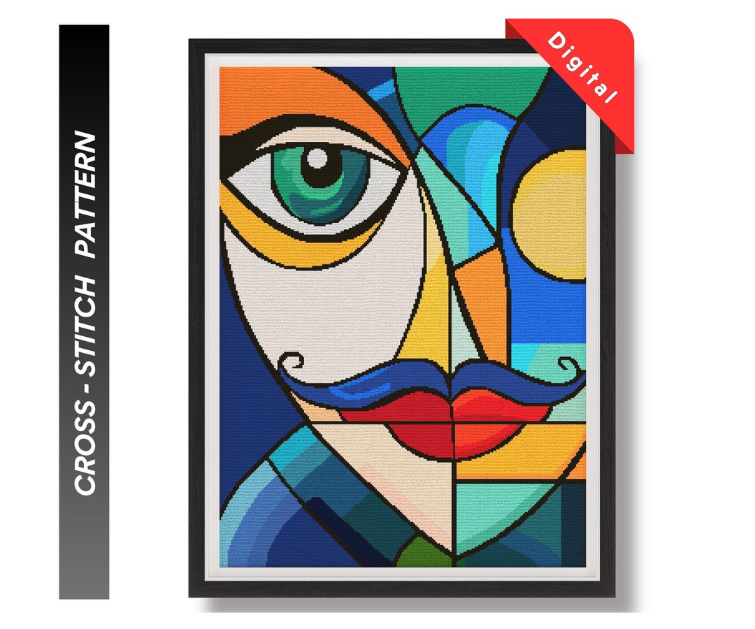 Cross-stitch Pattern - Cubist Face With Monocle | Vibrant Geometric ...