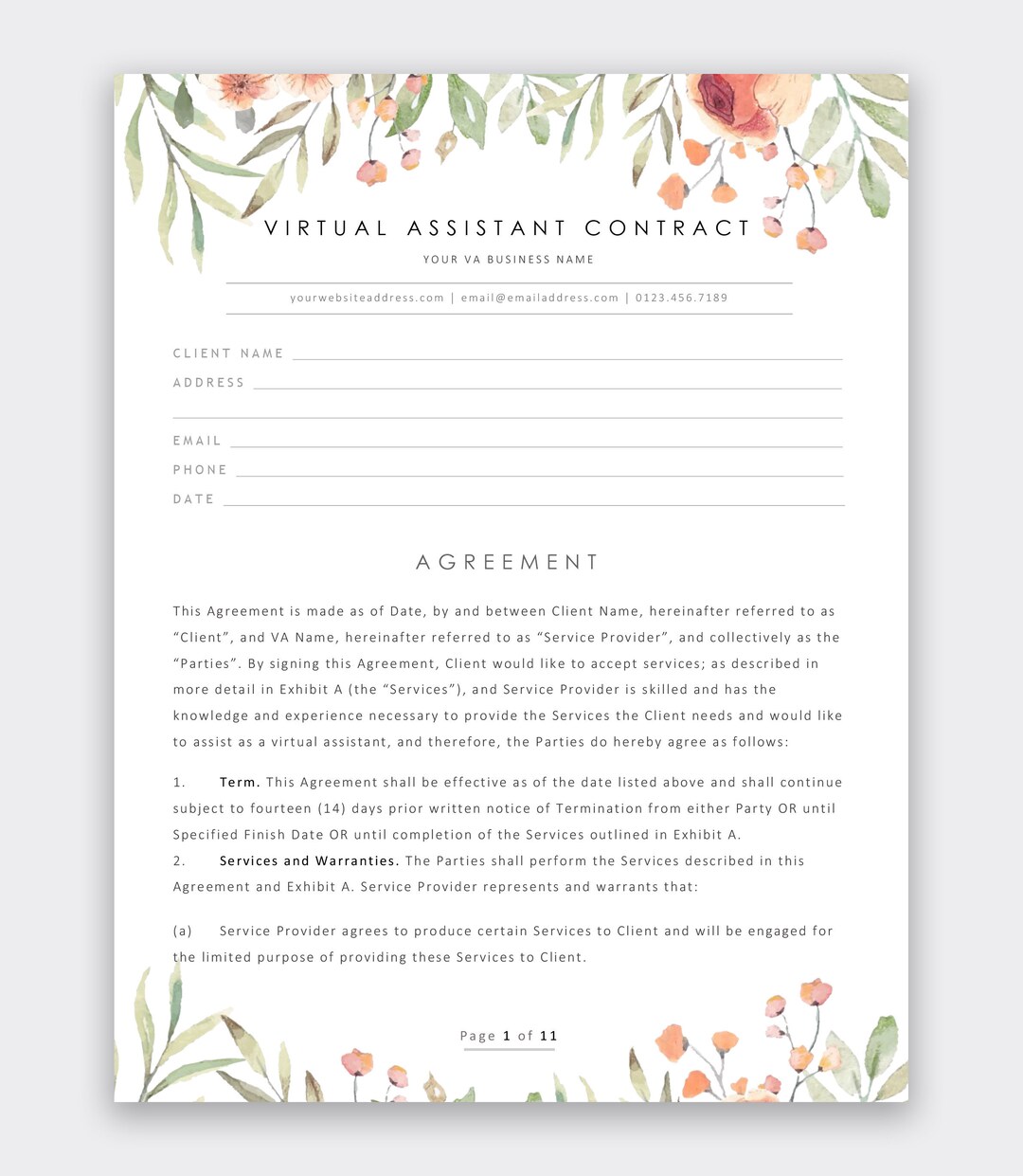 Virtual Assistant Contract Template, VA Agreement, Contract VA Template ...