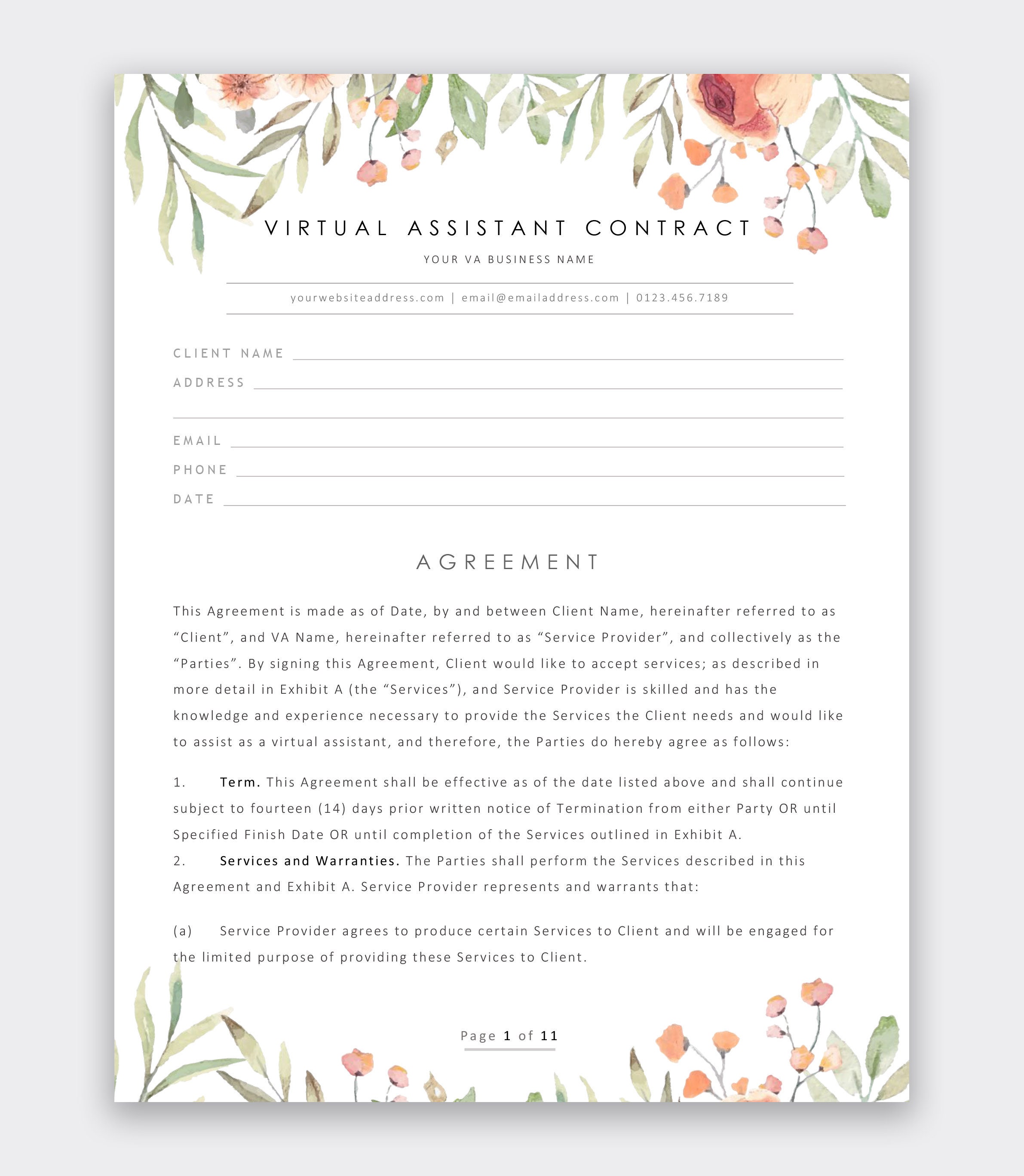 Virtual Assistant Contract Template, VA Agreement, Contract VA Template ...