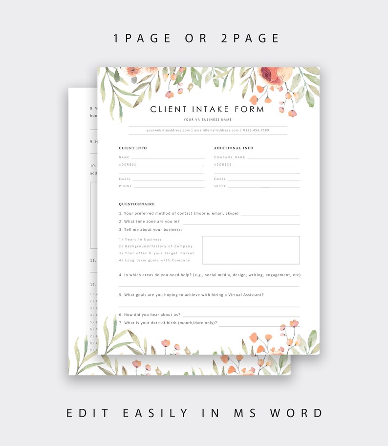 Virtual Assistant Client Intake Form, New Client Assessment Form ...