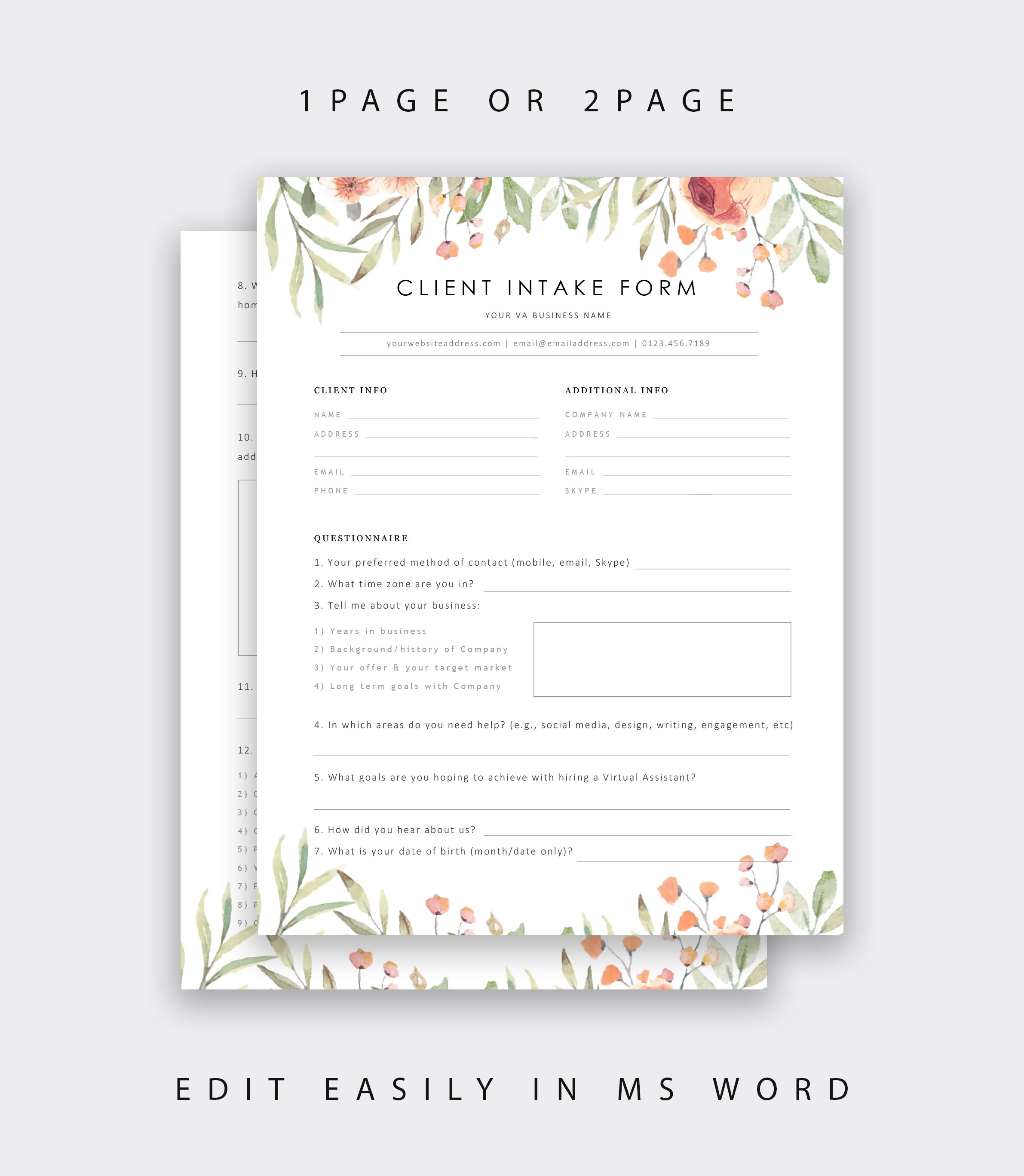 Virtual Assistant Client Intake Form, New Client Assessment Form ...