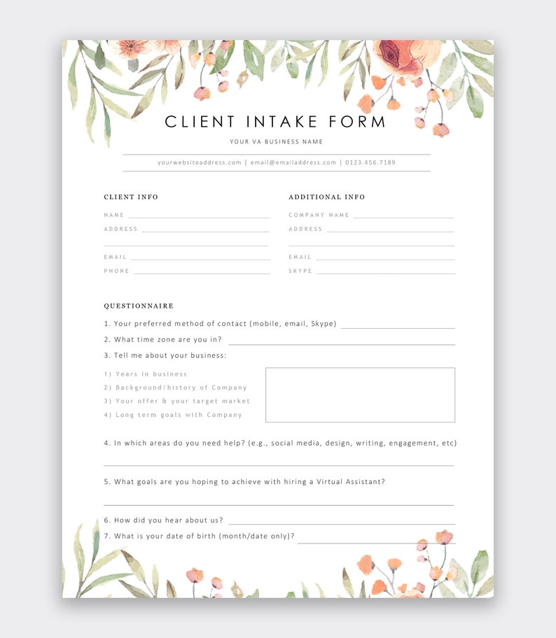 Virtual Assistant Client Intake Form, New Client Assessment Form, Client Consultation Template ...