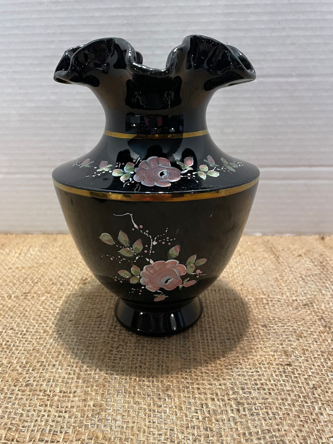Vintage Black Fenton Vase With Ruffled Edge and Copper Roses Hand ...