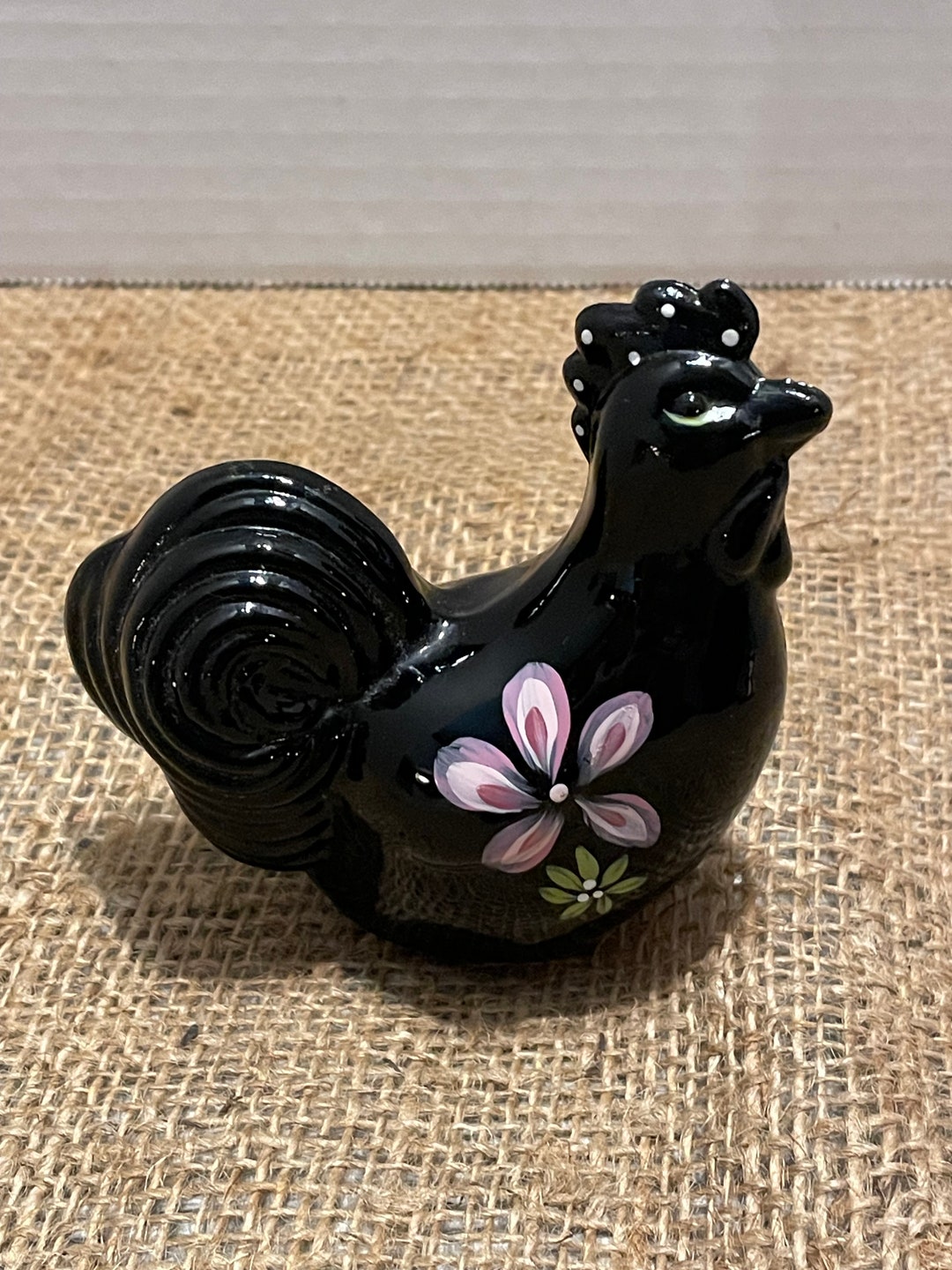Vintage Fenton Glass Black Rooster Figurine, Hand Painted, Art Glass ...