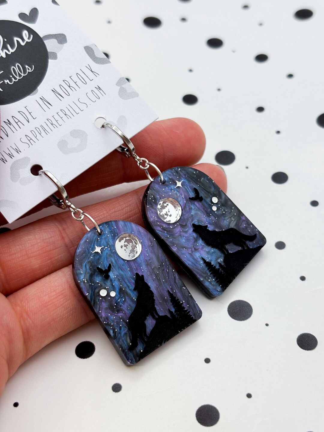 Large Wolf, Owl and Moon Night Sky Arch Dangle Earrings - Etsy