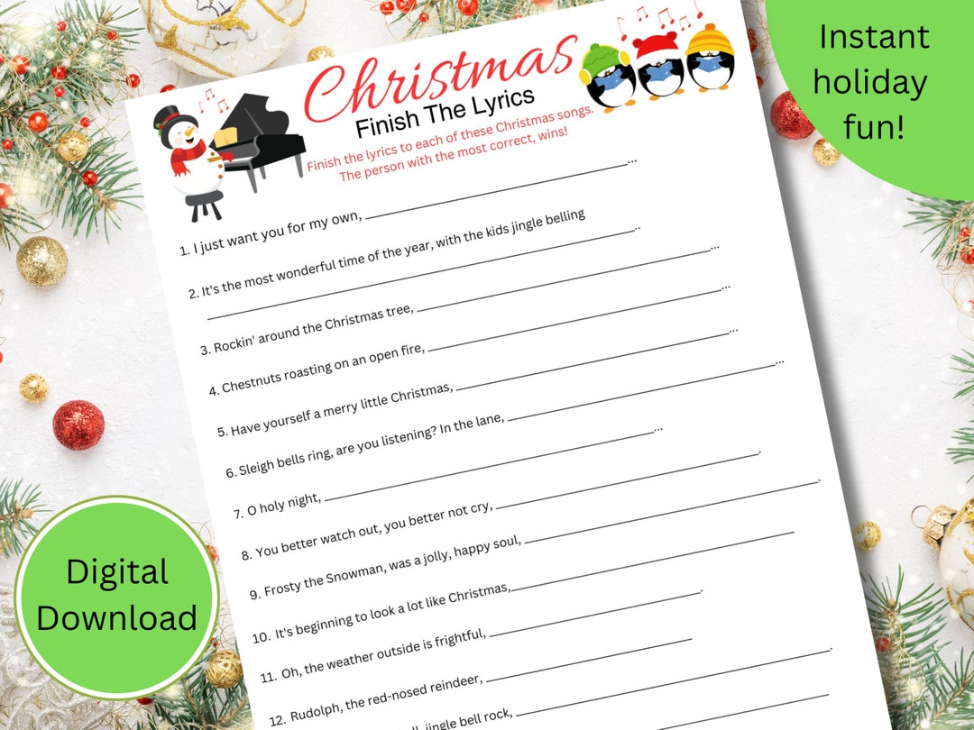 Christmas Finish the Lyrics Game Printable Game, Christmas Printable ...