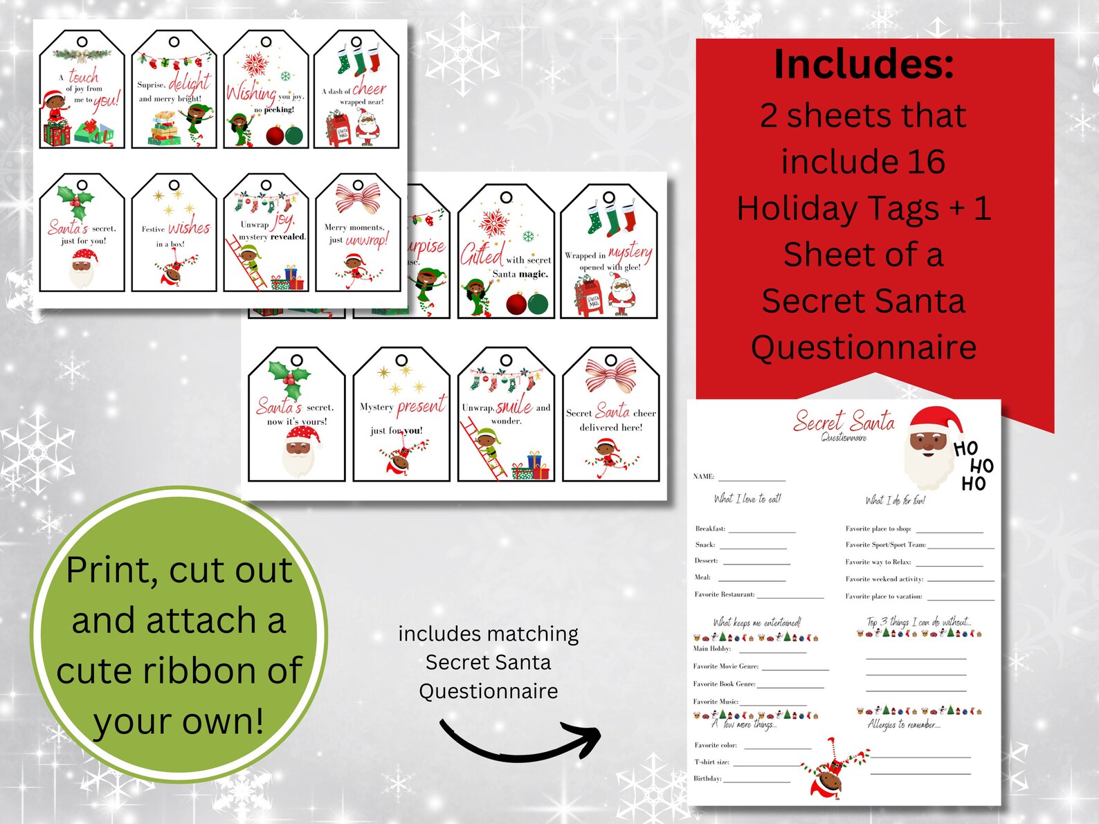Secret Santa Gift Tags Printable, Secret Santa Questionnaire, Work ...
