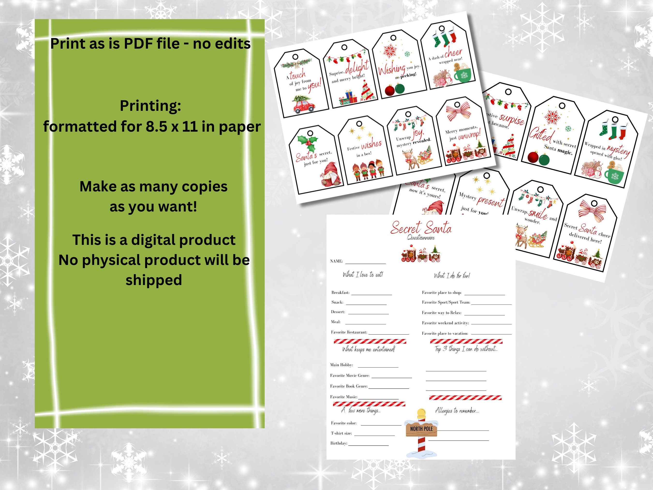Secret Santa Gift Tags Printable, Secret Santa Questionnaire, Work ...