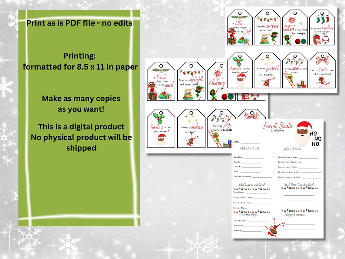 Secret Santa Gift Tags Printable, Secret Santa Questionnaire, Work ...