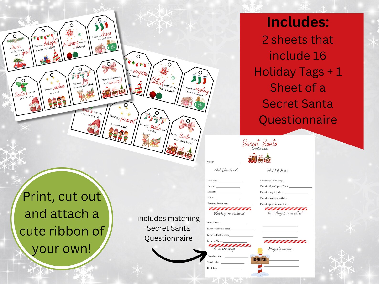 Secret Santa Gift Tags Printable, Secret Santa Questionnaire, Work ...