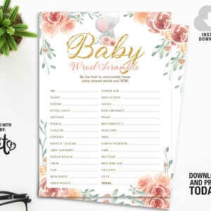 Elephant Girl Baby Shower Game Baby Word Scramble, Elephant Baby Shower ...