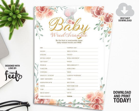 Elephant Girl Baby Shower Game Baby Word Scramble Elephant | Etsy