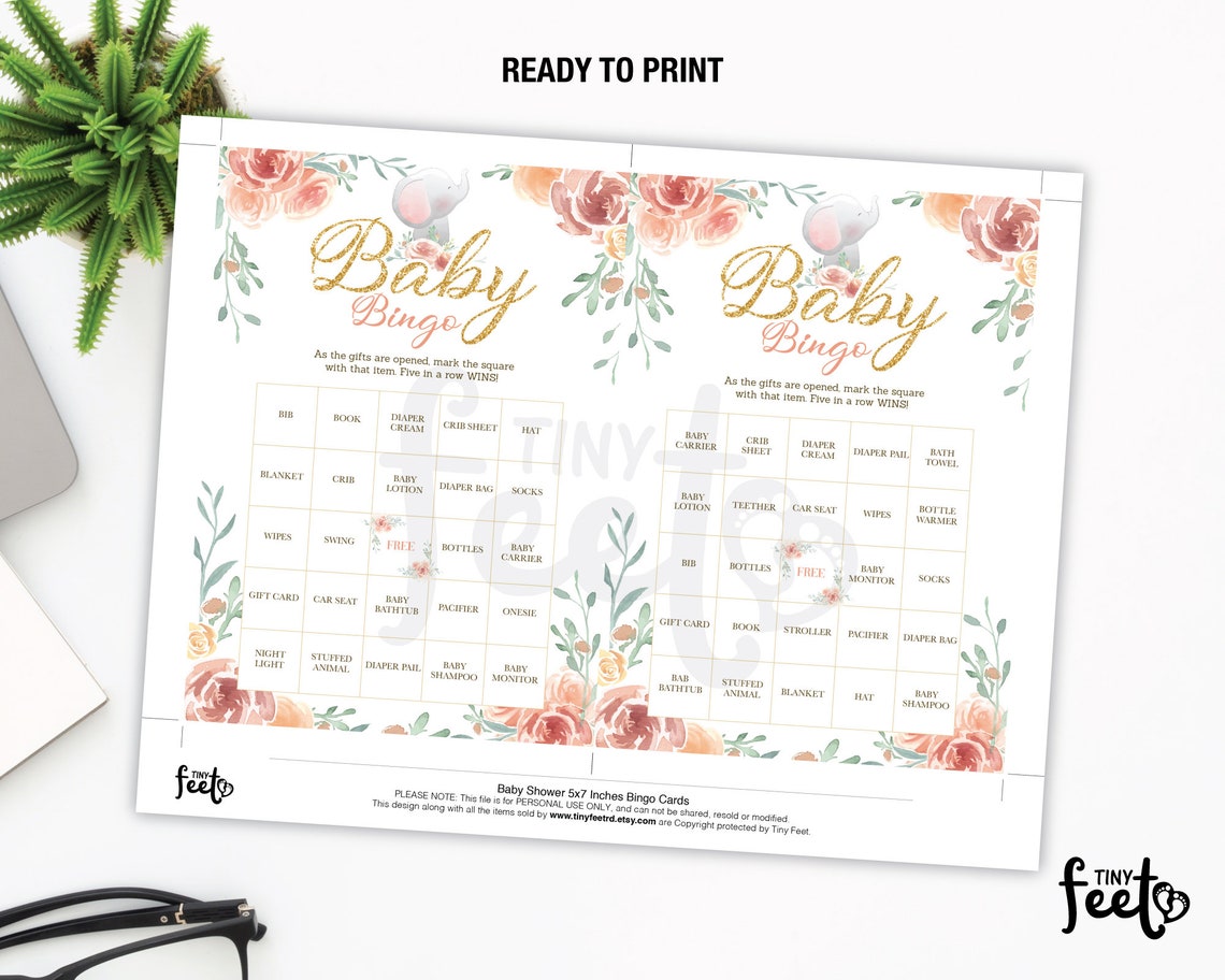 Floral Elephant Baby Shower Bingo Cards Elephant Baby Shower - Etsy