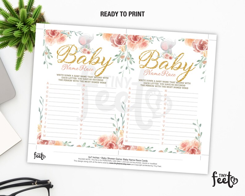 Floral Elephant Baby Shower Game Baby Name Race Elephant Baby | Etsy
