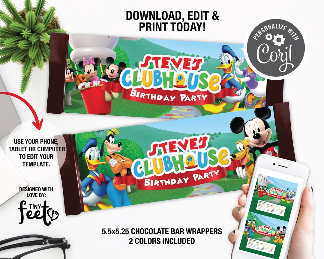 Clubhouse Candy Bar Wrapper, Mickey Mouse Printable Party Decor ...