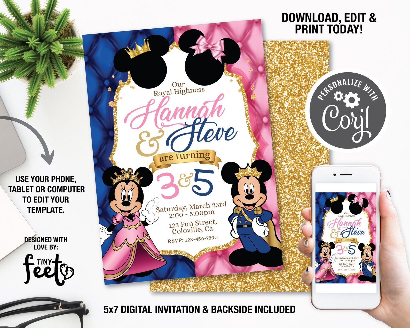 Royal Minnie and Mickey Mouse Birthday Invitation Brother and - Etsy