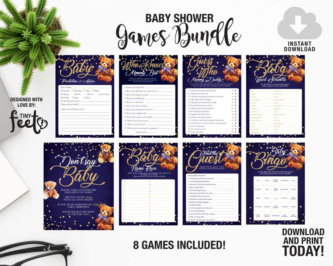 Teddy Bear Baby Shower Games Bundle, Printable Navy Blue Teddy Bear ...