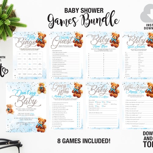 Teddy Bear Baby Shower Games Printable Pack Blue Brown Baby - Etsy