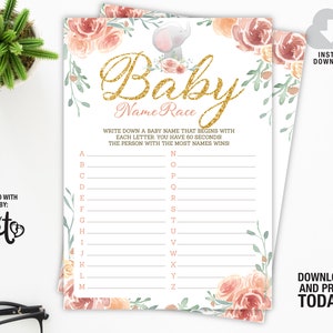 Floral Elephant Baby Shower Game Baby Name Race, Elephant Baby Shower ...