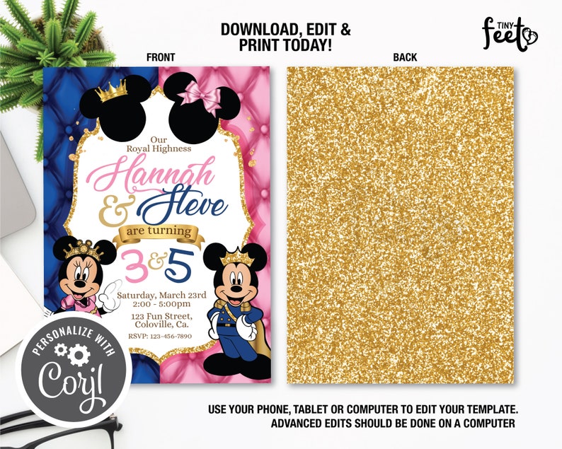 Royal Minnie and Mickey Mouse Birthday Invitation Brother and - Etsy