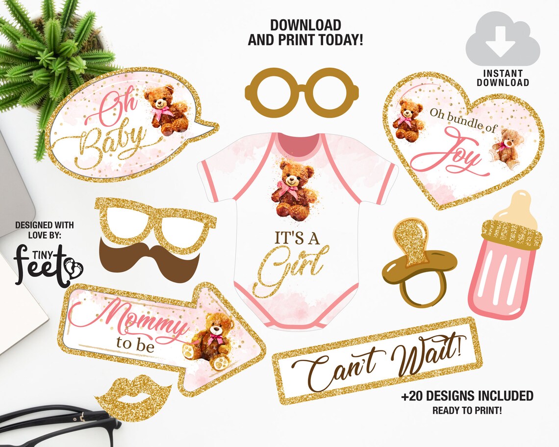 Pink Teddy Bear Baby Shower Photo Booth Props Teddy Bear Baby - Etsy