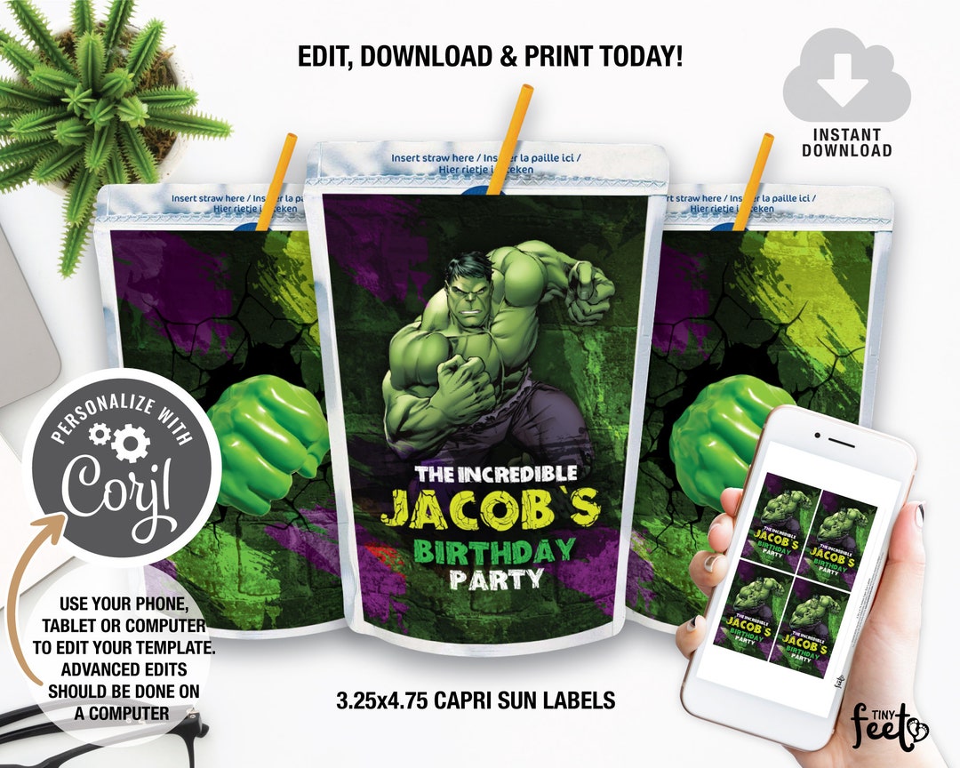 Hulk 1.3oz Capri Sun Labels, the Incredible Hulk Birthday, Hulk ...