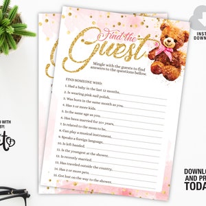 Pink Teddy Bear Baby Shower Games Bundle, Printable Teddy Bear Baby ...