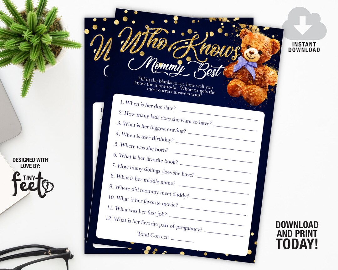 Teddy Bear Baby Shower Game, Navy Blue Who Knows Mommy Best, Teddy Bear ...