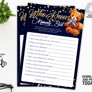 Teddy Bear Baby Shower Game, Navy Blue Who Knows Mommy Best, Teddy Bear ...