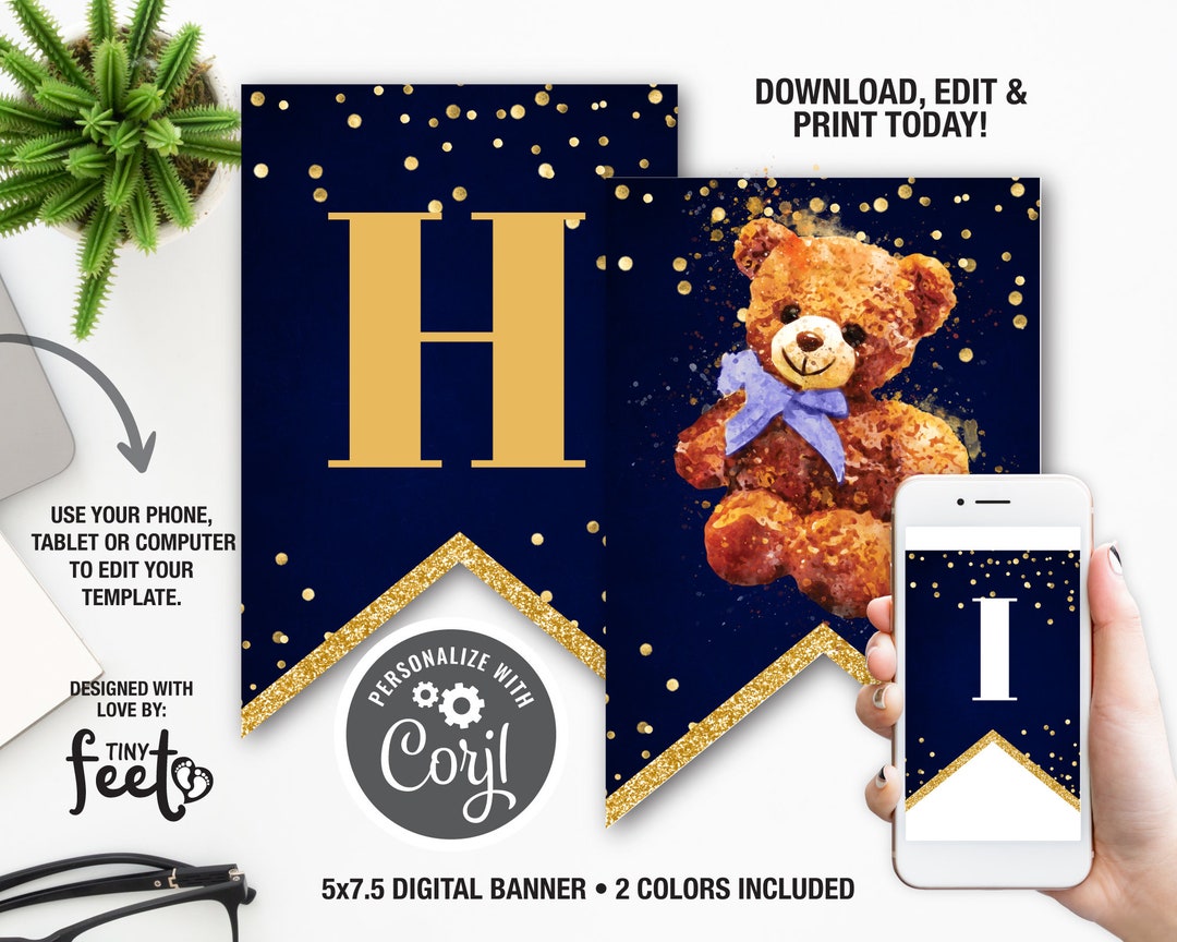 Teddy Bear Baby Shower Banner, Navy Blue Teddy Bear Baby Shower Bunting ...