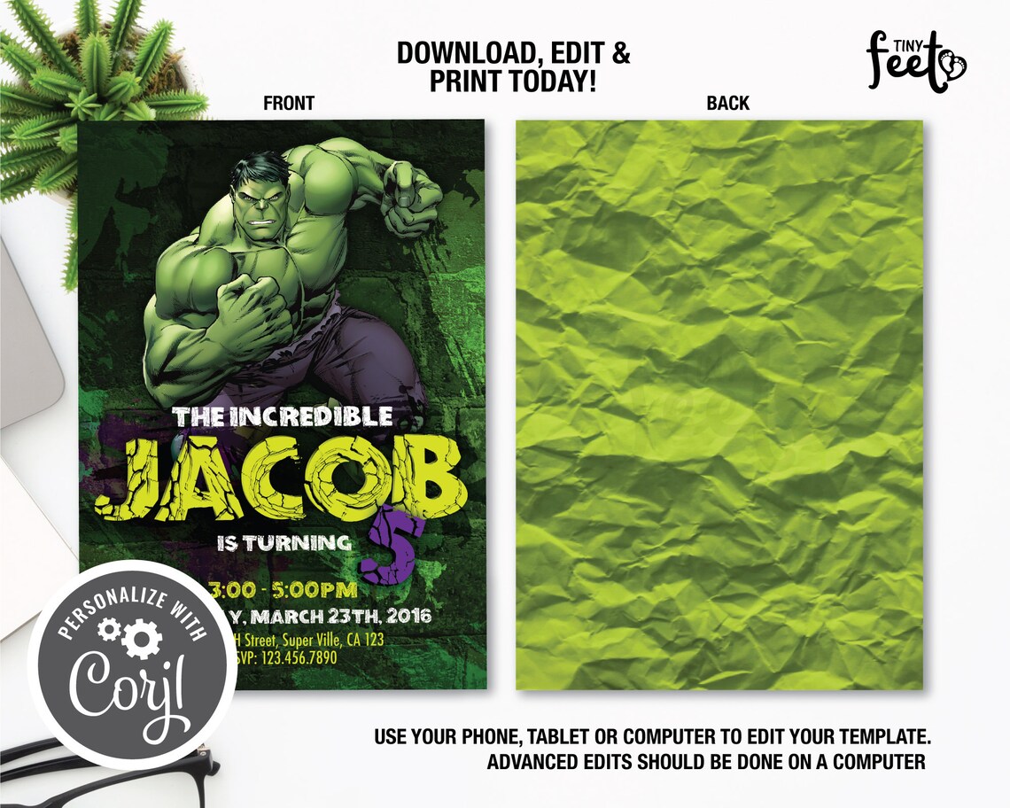 Hulk Birthday Invitations the Incredible Hulk Birthday | Etsy