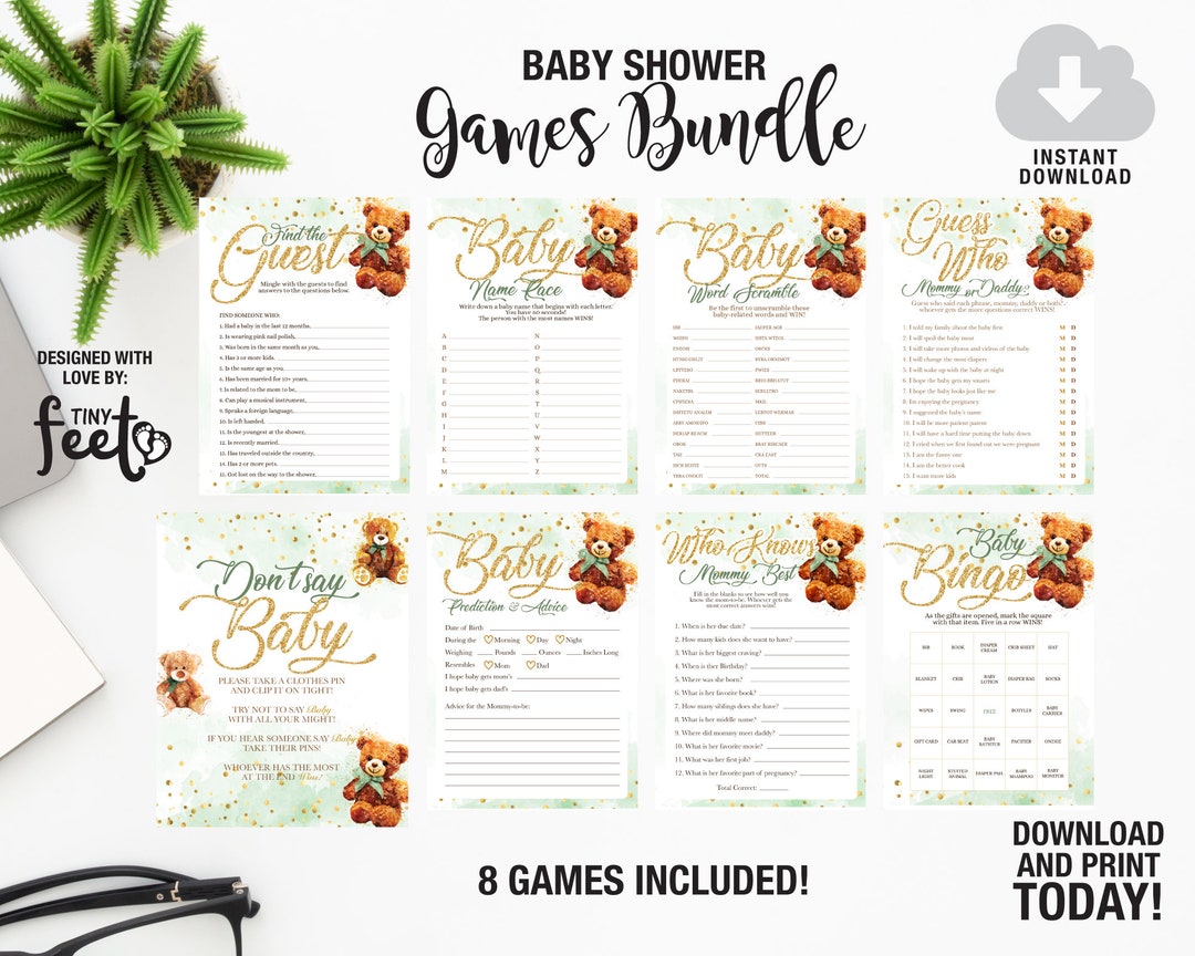 Green Teddy Bear Baby Shower Games Bundle, Printable Teddy Bear Baby ...