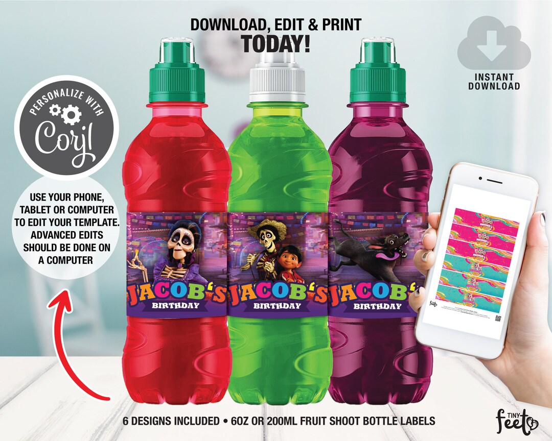 Coco Fruit Shoot Bottle Label, Printable Labels Template, Coco Birthday ...