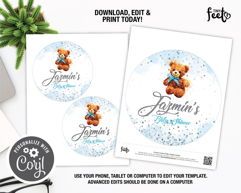 Teddy Bear Baby Shower Charger Plate Inserts Teddy Bear Thank | Etsy