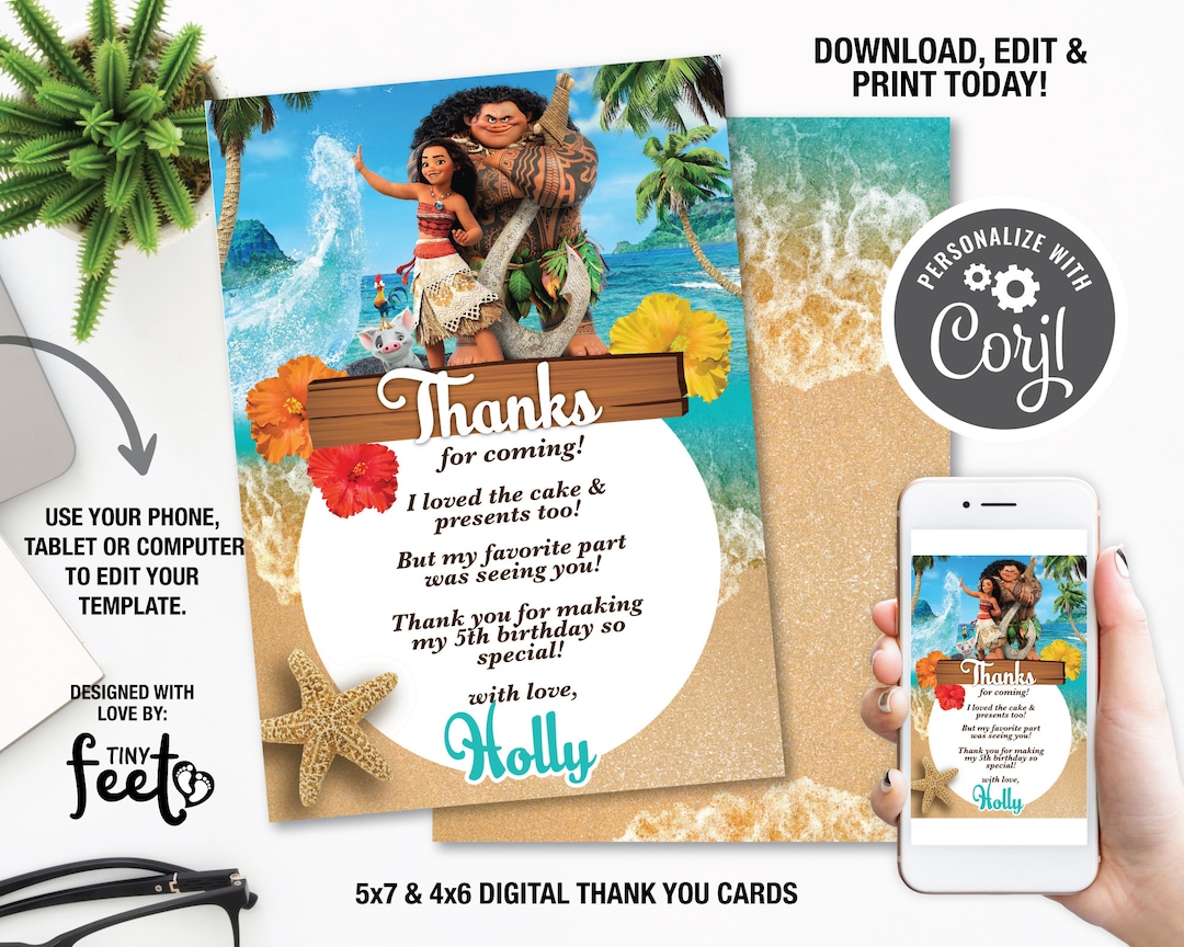 Moana Thank You Card, Princess Moana Birthday Party, Digital Moana ...